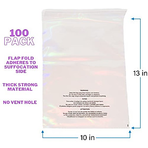 Holographic Resealable Bags For Small Business - These Cellophane Bags Self Adhesive For Convenient Packaging And Poly Bags With Suffocation Warning Offer A Premium Customer Experience - 10x13" 100 pk