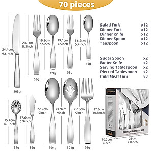 70-Piece 18/10 Stainless Steel Flatware Set for 12 with 2 Sets of Serving Utensil, Heavy Duty Silverware Set, High End Flatware, Dishwasher Safe, Ideal for Gift