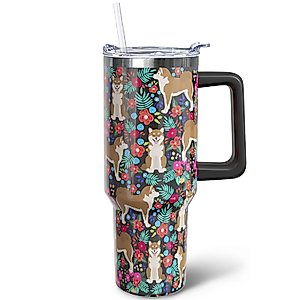 puhnhsv 40 oz Shiba Inu Tumbler with Handle, Insulated Stainless Dog Tumbler Coffee Travel Mugs Cup Water Bottle Shiba Inu Lovers Gifts for Women Girls