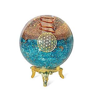 Orgonite Crystal Blue Aquamarine Crystal Ball with Stand for Positive Energy, E-emission Protection and Chakra Balancing –with Flower of Life Symbol to Promote Purpose, Serenity and Courage