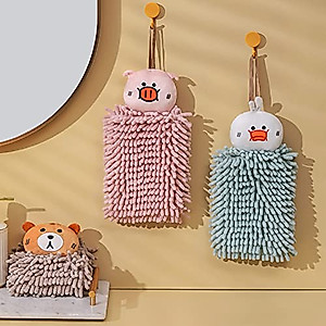 Juebm Hanging Hand Towels for Kitchen with Loop,Bathroom Hand Towels Hanging, Absorbent Microfiber Hand Drying Puff, Double-Sided Animal Thick Kids Hand Dry Towels(Pink)