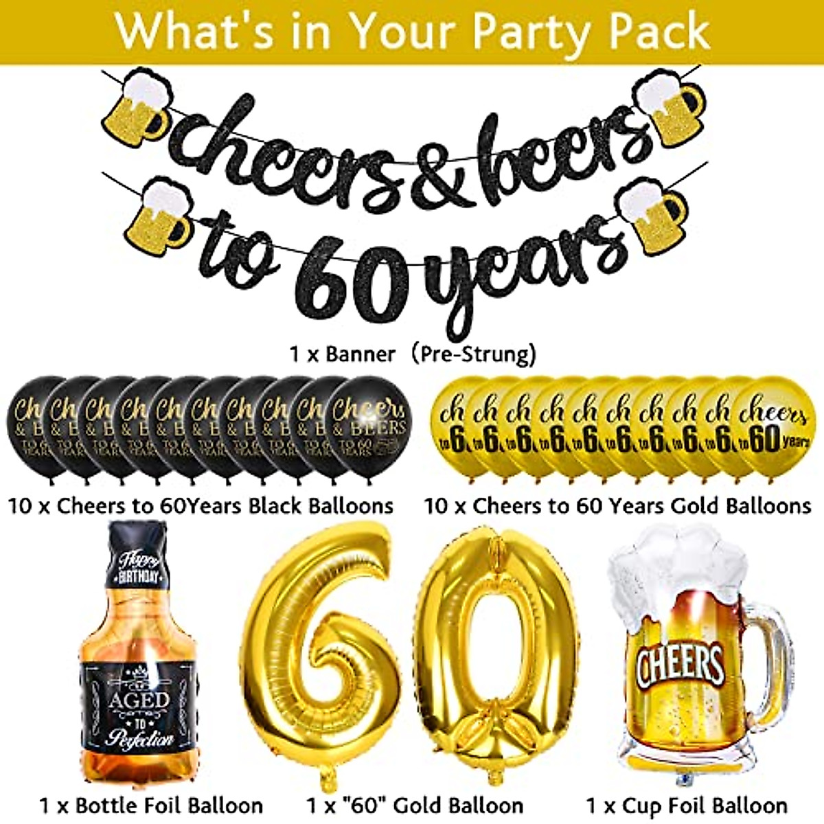 60th Birthday Decorations, 60 Years Anniversary Decorations Cheers to 60 Years Banner, 60 Sign Latex Balloon, 32 Inch Number 60 Gold Foil Balloon Cheers Cup Foil Balloon for 60 Birthday Wedding Party