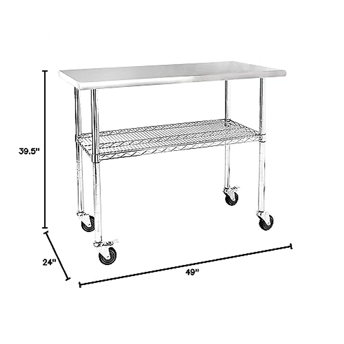 ROCKPOINT Stainless Steel Table for Prep & Work with Caster 49x24 Inches, NSF Metal Commercial Kitchen Table with Adjustable Wire Under Shelf and Table Foot for Restaurant, Home and Hotel