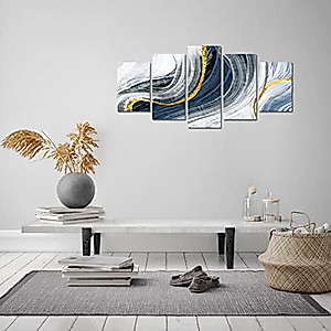 HW Hongwu Wall Art Canvas Abstract Print Picture 60x30 inch Blue Graffiti Paintings Gold Foil Line Artwork 5 Panels a Set for Living Room