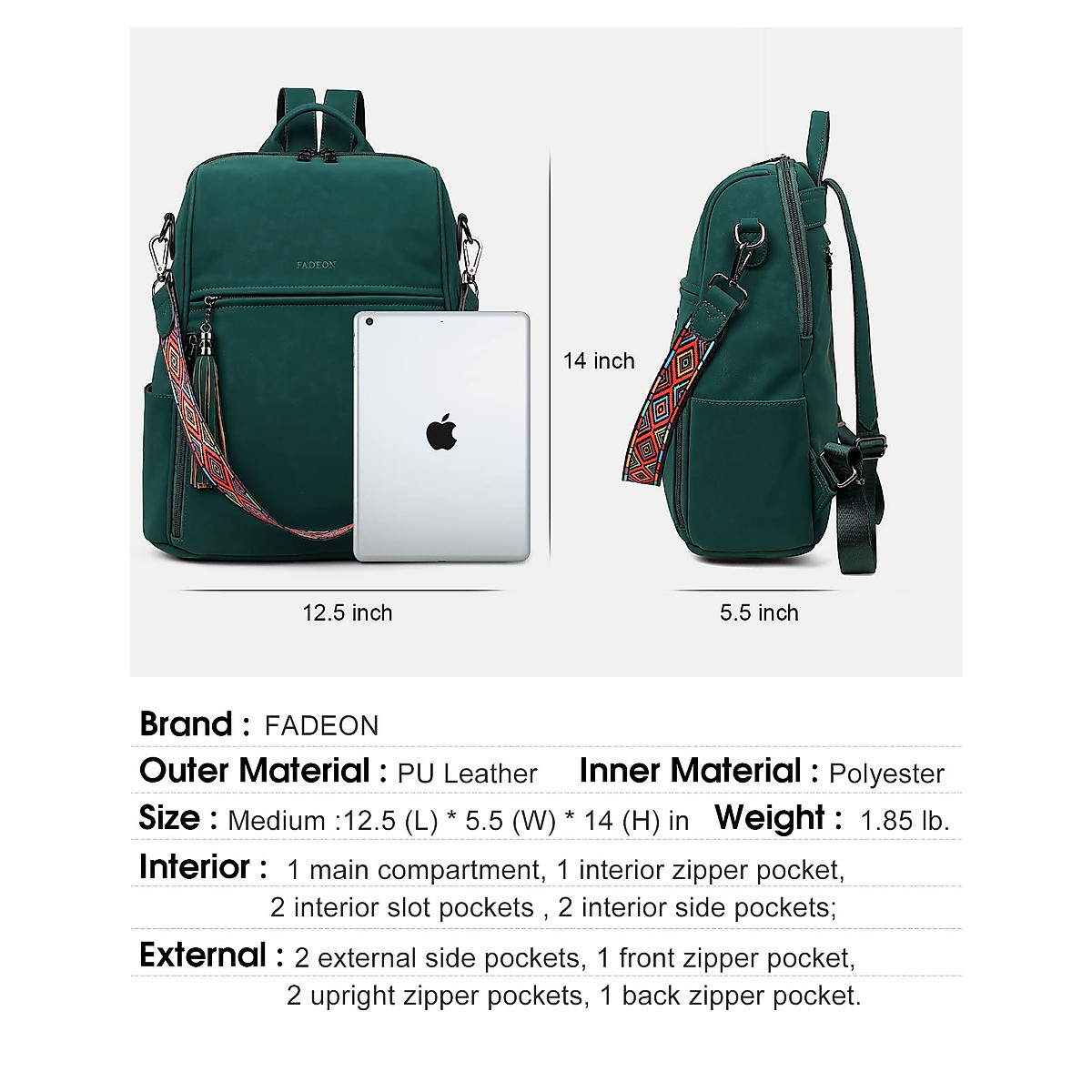 FADEON Leather Backpack Purse for Women Designer Ladies Shoulder Book Bag Fashion PU Convertible Travel Backpack Purses and Shoulder strap