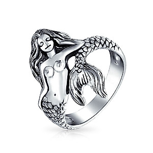 Bling Jewelry Nautical Marine Life Tropical Beach Nymph Siren Mermaid Ring For Women Oxidized .925 Sterling Silver 2MM Band
