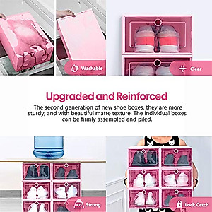 KPX 12 Pack Stackable Shoe Storage Organizer Plastic with Lid, Clear Shoe Boxes Drop Front, Shoe Containers Bins for Men’s Sneaker Women’s High Heels – Easy to Assemble (Pink)
