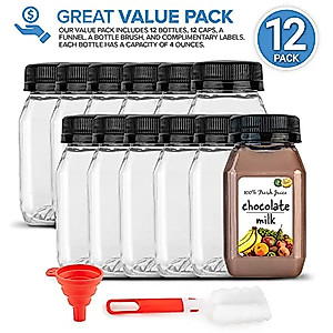 4 Ounce Mini Bottles for Mini Fridge, Reusable Juice Containers with Black Caps, Small Bottle for Liquids in Kids Lunch Box, Clear Empty Plastic Container with Lids for Juicing (12 Pack)