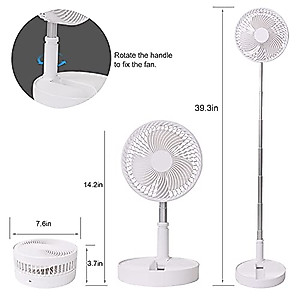 Portable Desk Fan,Foldable Fan Pedestal Stand Floor Fan Adjustable Height from 14.2 inch to 39inch, 4 Speeds & Time Settings, 7200mAh Rechargeable Battery Telescopic Oscillate USB Charging (WHITE)