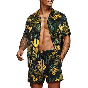 COOFANDY Men's Flower Shirt Hawaiian Sets Casual Button Down Short Sleeve Shirt 2 Piece Short Set Vacation Outfits