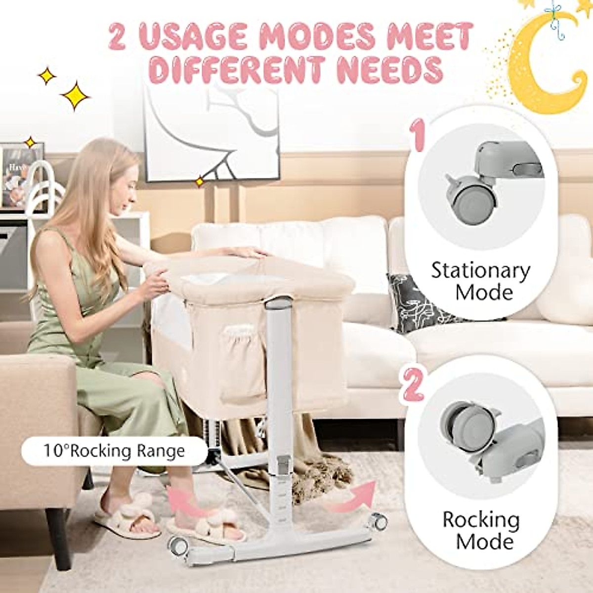 BABY JOY Bassinet Bedside Sleeper, 3 in 1 Folding Crib w/Adjustable Height, Mattress, Lockable Wheels, Storage Pocket & Carry Bag for Infant Newborn, Stationary & Rock, Portable Baby Bassinet (Beige)