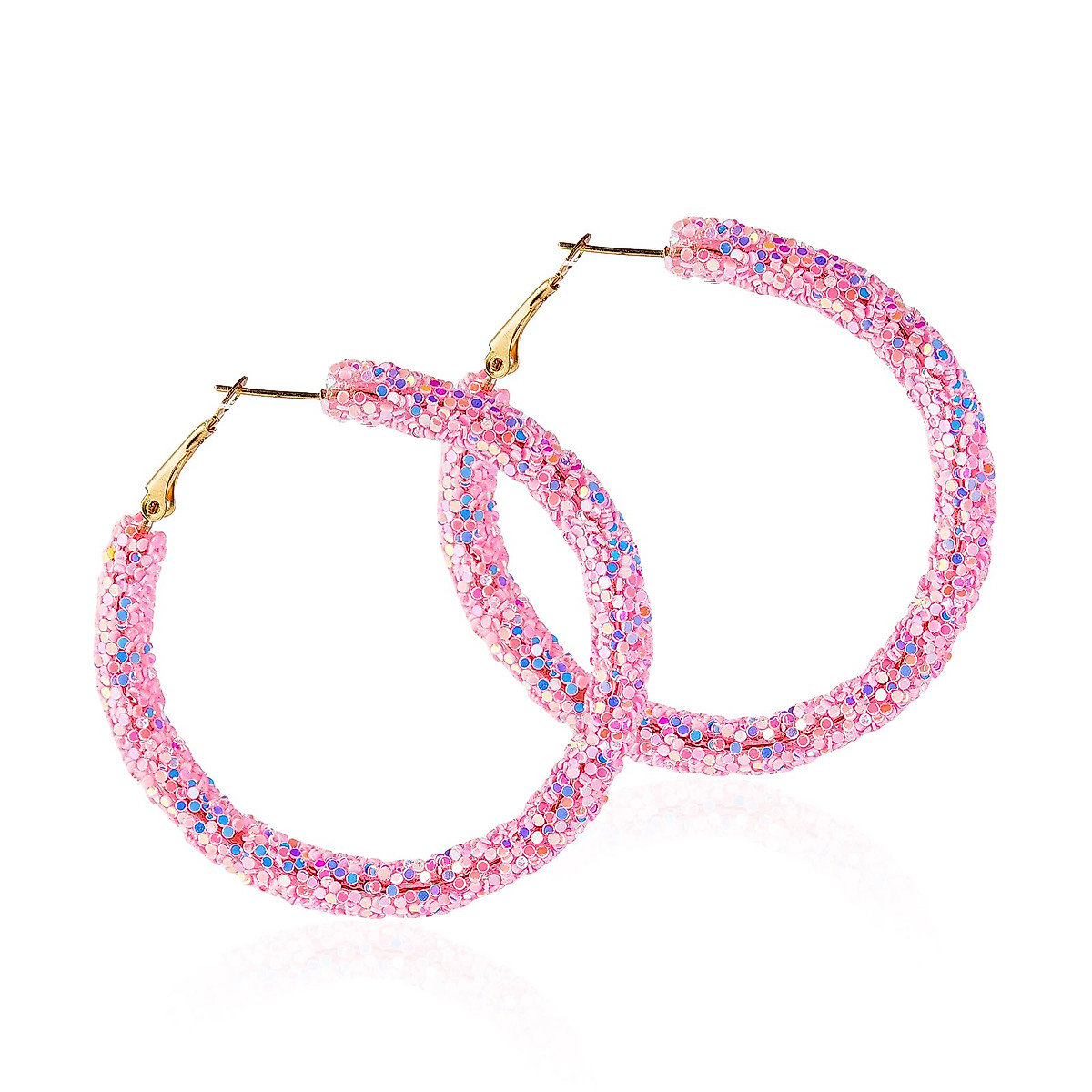Bohemian Shiny Glitter Sequins Hoop Earrings Wrapped Gold Plated Circle Statement Rhinestone Dangle Drop Earrings for Women Boho Jewelry-pink