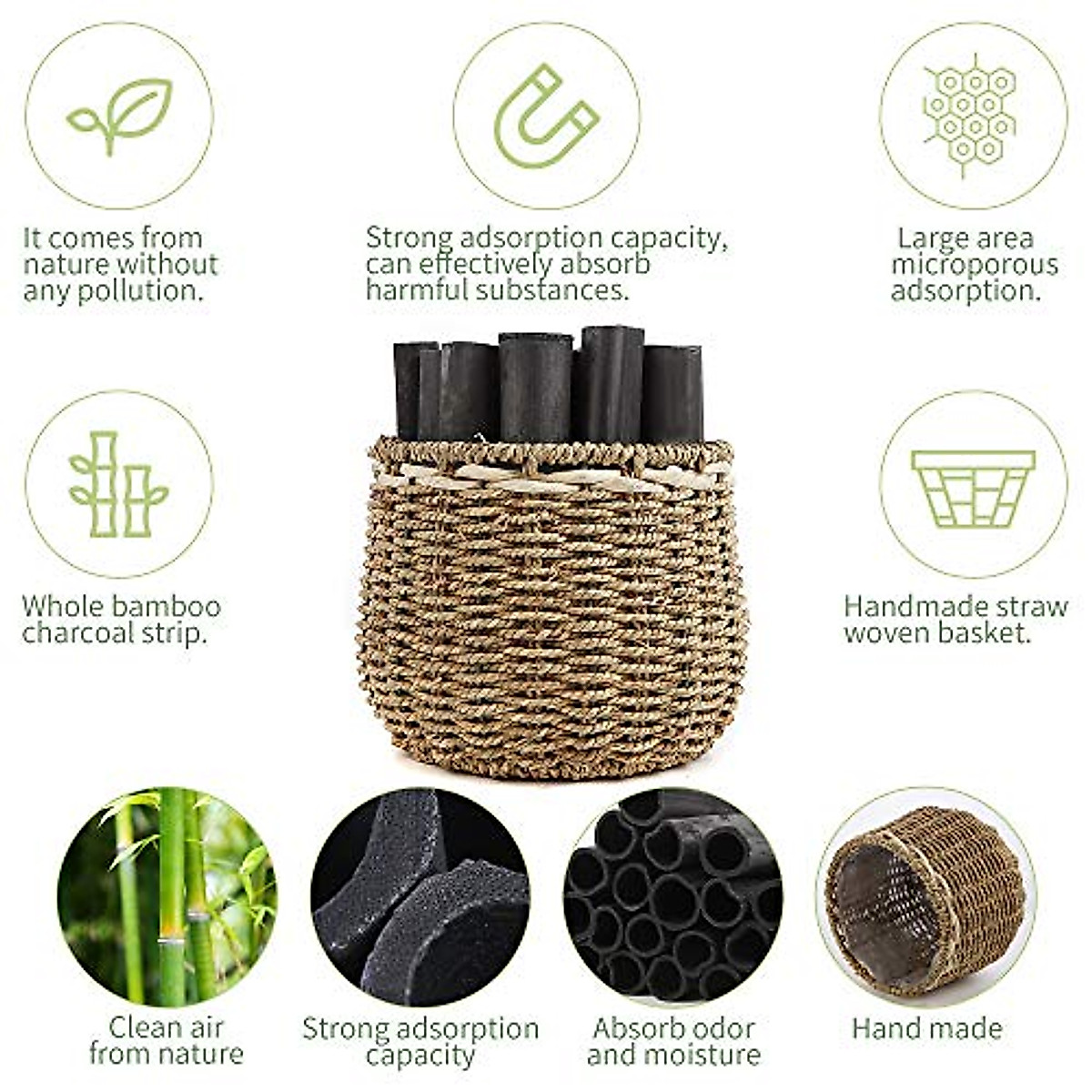 Bamboo Charcoal, GREEN VALLEY Straw Woven Basket Bamboo Charcoal Strips, Activated Carbon Strips, Air Purification for Room, Office, Car, New House, Furniture, Office Decor, Reusable [1 Basket 1400g]