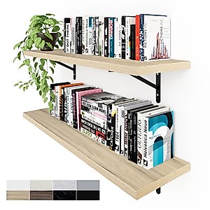 Kaboon 36 inch Long 10 inch Deep Floating Shelves for Wall Set of 2, Large Open Shelves Wall Mounted, Space Saving Home and Commercial Use, Oak/Grey Tone