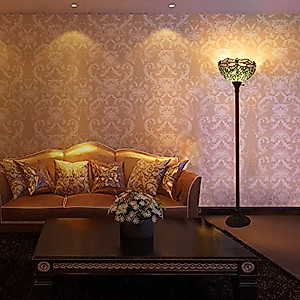 MOOVIEW Tiffany Floor Lamp Torchiere LED Uplight Stained Glass Dragonfly Retro Floor Lamps for Living Room Retro Corner Bright Torch Lamp Included 1PCS LED Bulb(2700K, E26), Sea Blue