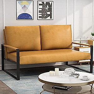 AWQM 46" Small Modern Loveseat Couch Low Back Faux Leather 2-Seat Sofa Couch Love Seat for Bedroom, Office, Apartment, Dorm, Studio and Small Space, Metal Frame, Camel