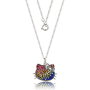 SALLY ROSE Sanrio Hello Kitty Womens Necklace 18" - Silver Plated Hello Kitty Necklace with Rainbow Crystal Pendant Officially Licensed
