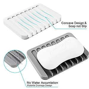 2PCS Soap Dish Holder, Premium Silicone Soap Dishes for Shower Bathroom Kitchen Sinks， Soap Tray Saver Drainer, Self-draining Waterfall, Non-Slip Design, Easy Cleaning (White, Gray)