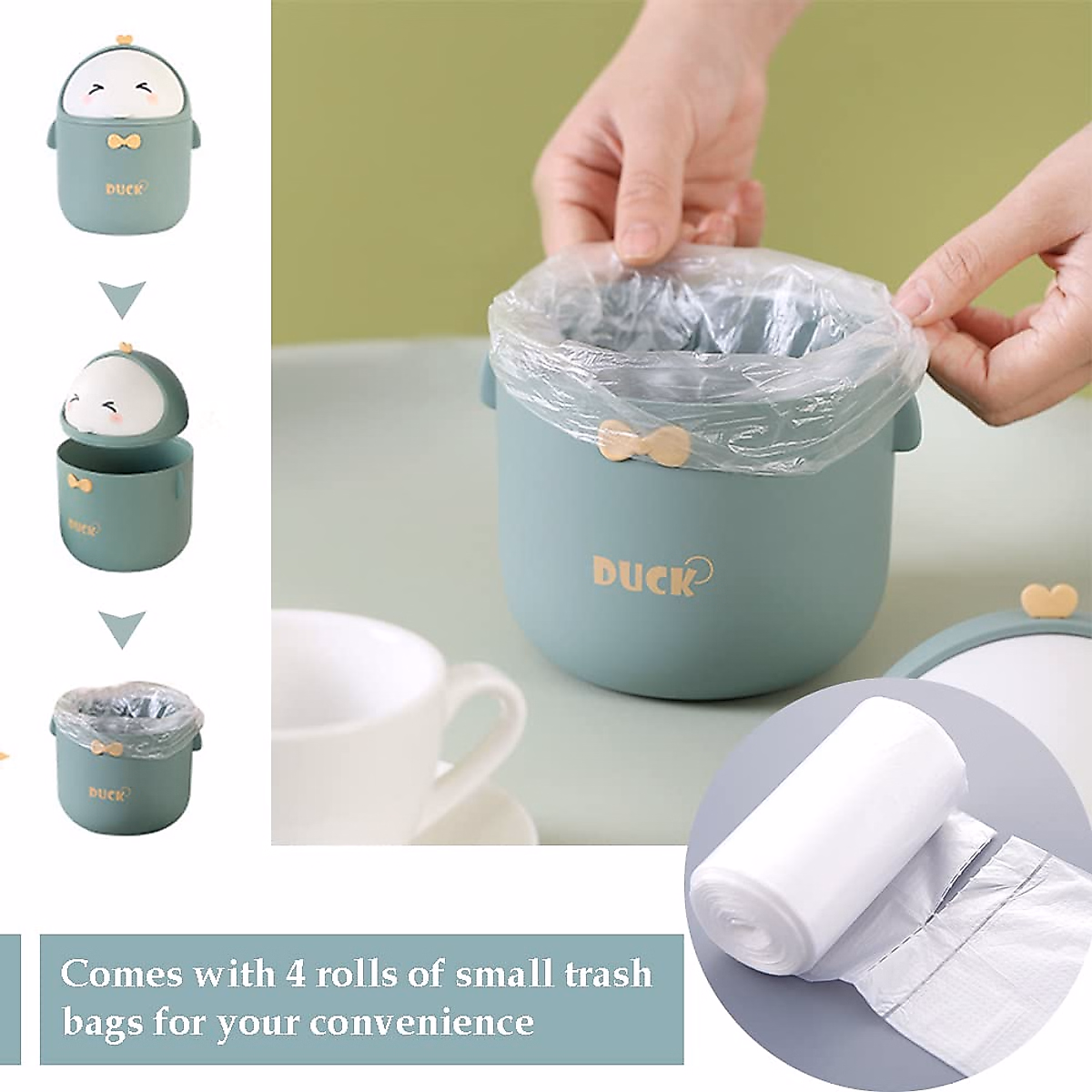 Ujk-TyLun Cute Desktop Trash Can Wastebasket and 120 Trash Bags, Creative Mini Garbage Can with Lid for Countertop Table, Tiny Plastic Storage Bin for Office, Kids Bedroom, 13 * 13 * 18.5cm (Green)