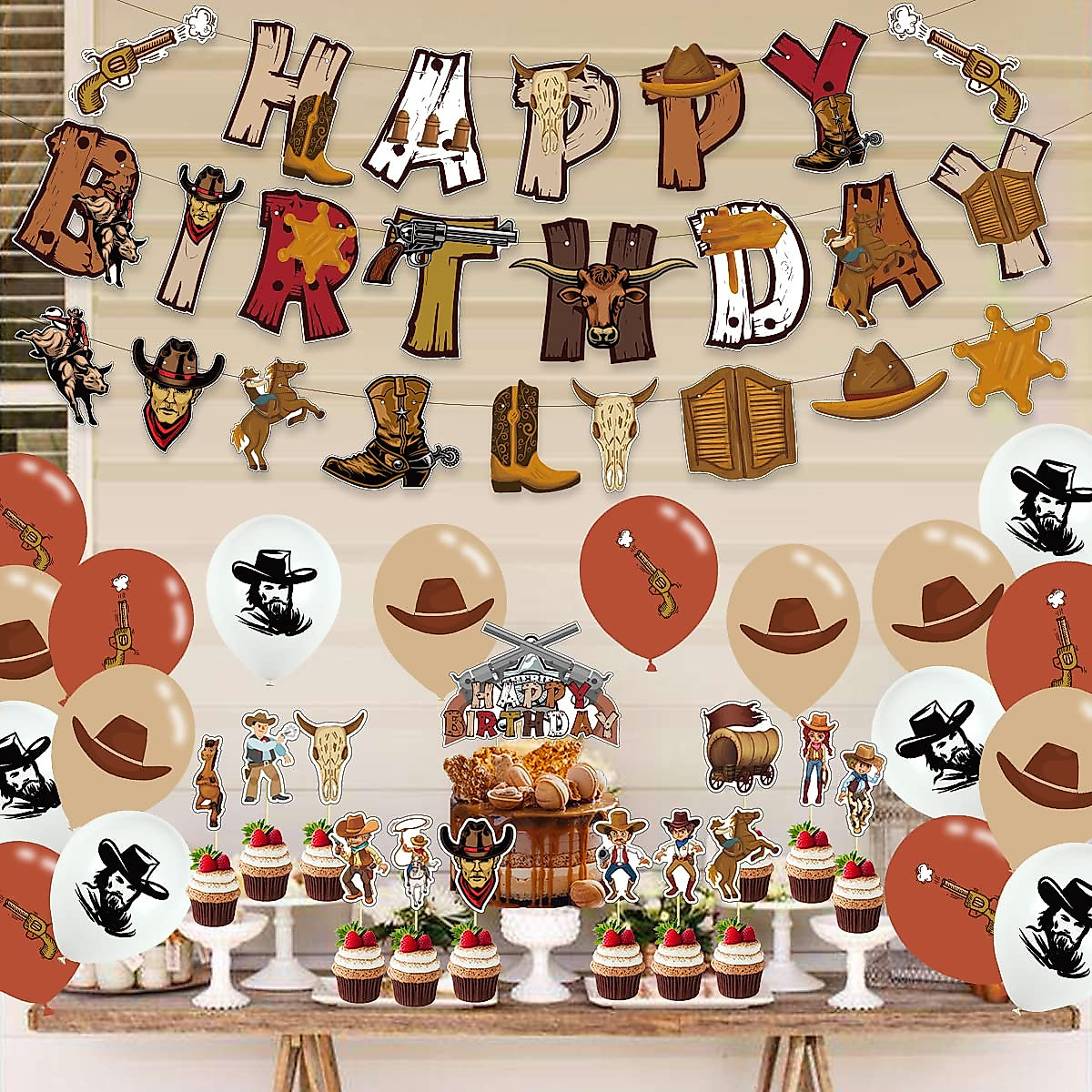 Cowboy Birthday Decorations, Wesrtern Horse Party Supplies with Cowboy Garland Happy Birthday Banner Cake Toppers Latex Balloons for Kids Boys Western Themed Birthday Party Decorations