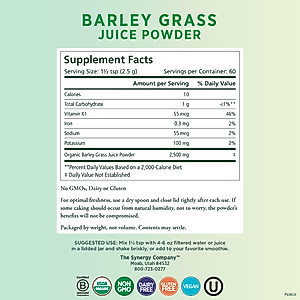 PURE SYNERGY Organic Barley Grass Juice Powder | Chlorophyll-Rich Greens Powder | Organic Cold-Pressed Barley Grass Juice | for Energy, Detox, and Digestion Support (5.3 oz. Powder)