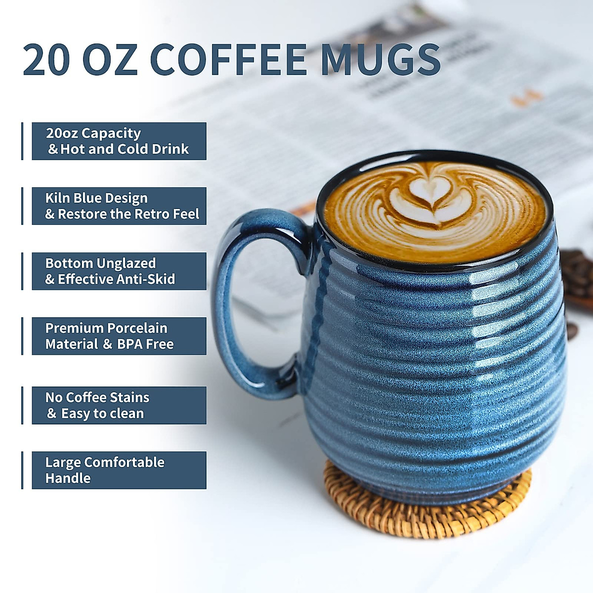 Hasense Large Coffee Mugs Set of 2, Ceramic 20 oz Coffee Cups for Office and Home, Modern Coffee Mug with Big Handle for Latte Coffee Tea Soup as Gifts, Dishwasher & Microwave Safe, Blue and Purple
