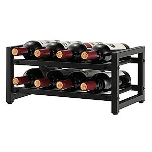 GOFLAME 2-Tier Wine Rack, Freestanding Countertop Wine Display Rack with Adjustable Foot Pads, Rust-Proof Surface, 8-Bottle Metal Wine Bottle Holder for Kitchen, Bar, Pantry, Cellar, Basement, Black