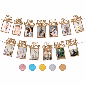 PartyHooman 1st Birthday Photo Banner for Baby from Newborn to 12 Months, First Birthday Decorations Boy or Girl Monthly Milestones Garland | First Birthday Photo Banner Pre-strung with Frame (Kraft)