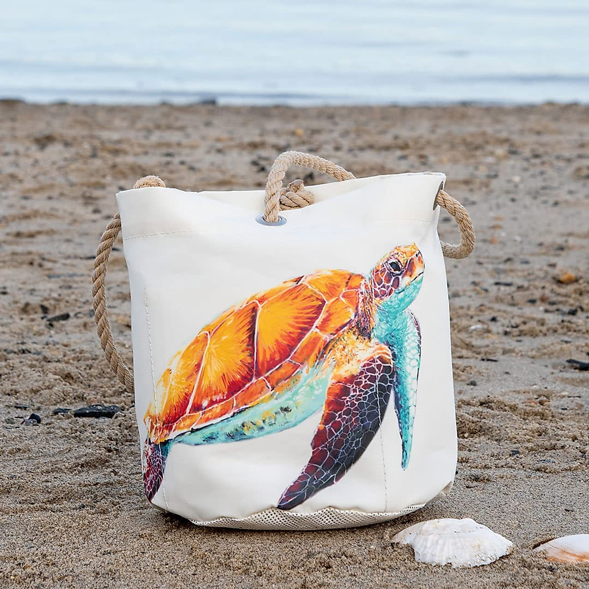 Sea Bags Recycled Sail Cloth Multicolor Sea Turtle Beachcomber Bucket Bag Seashell Bag, Sail Cloth Organizer Bucket Inside Pockets and Mesh Bottom