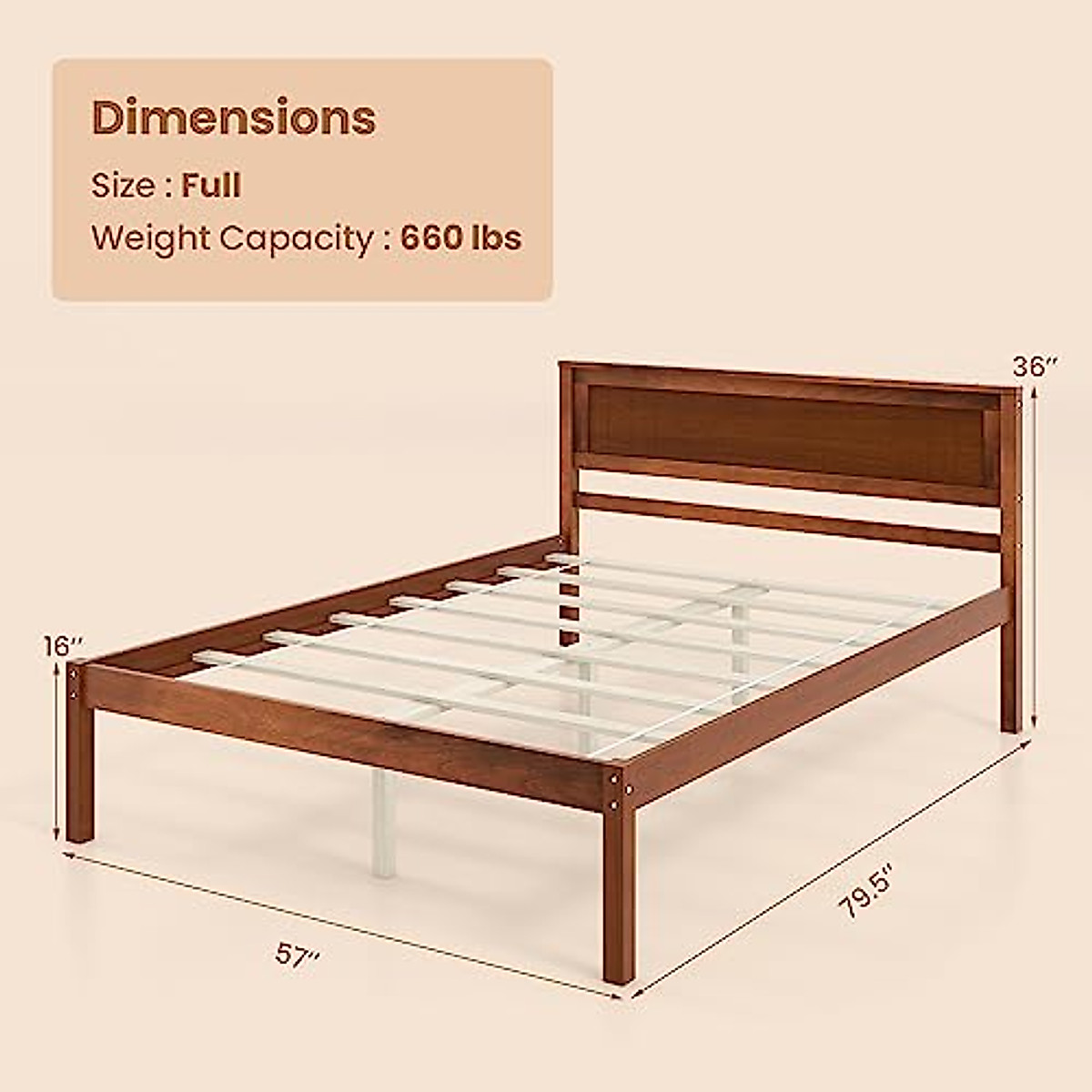 Giantex Wood Full Platform Bed with Headboard, Mid Century Solid Wood Bed Frame with Wood Slat Support, Wooden Mattress Foundation with 12" Under Bed Storage for Bedroom, Easy Assembly, Walnut