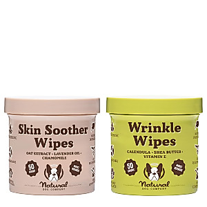 Natural Dog Company Wipes Bundle - (1) Wrinkle Balm Wipes, 50 Count (1) Skin Soother Wipes, 50 Count, Hypoallergenic, Soothing & Deoderizing Wipes for Dogs