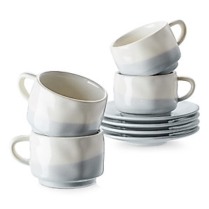 DOWAN Espresso Cups with Saucers, 3 oz Porcelain Demitasse Cups, Ceramic Coffee Cups, Set of 4, Blue & White