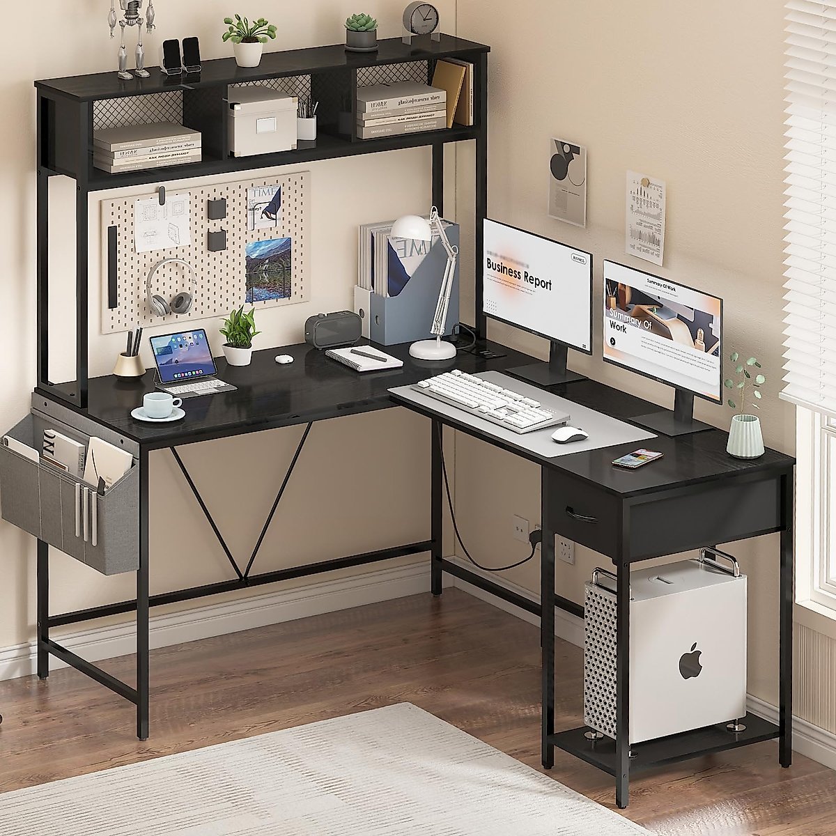 Yoobure L Shaped Desk Gaming Desk with LED Strip & Power Outlet, Reversible L-Shaped Computer Desk with Storage Shelf & Drawer, Corner Desk with Storage Bag, 2 Person Home Office Desk, Black