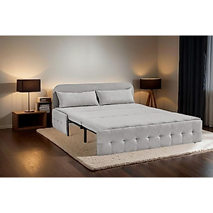 CECER Queen Size Pull Out Sofa Bed, Guest Couch Bed with 2 Pillows, Velvet Convertible Sleeper Sofa with Foldable Mattress, 3 in 1 Armless Loveseat Bed for Living Room，Small Space(Light Grey)