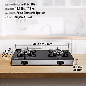 VEVOR Gas Cooktop 28 inch, Max 10100BTU 2 Burners Tempered Glass Countertop Gas Stove Top, Portable Natural Gas Hob with Pulse Electronic Ignition for Outdoor, Kitchen, Camping, RV, Apartment