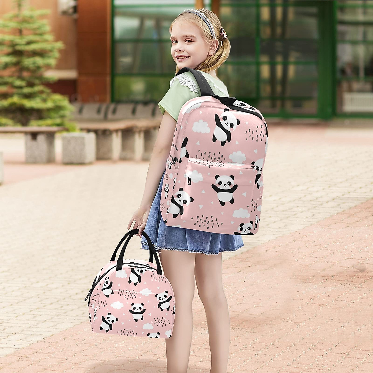 Moudou Panda School Backpack with Lunch Bag Student Bookbag Travel Daypack for Teen Boys Girls