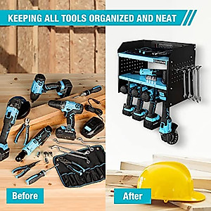 DURATECH Power Tool Organizer Wall Mount with Power Strip, Durable Power Tool Holder, Power Tool Storage Rack with 4 Drill Holders for Workshop, Garage