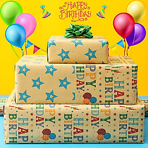 BOLIANNE Kraft Birthday Wrapping Paper Roll for Boys Girls Kids Men Women - Reversible Happy Birthday Gift Wrap Paper Roll for Holiday Party - 1 Gift Wrapping Paper Roll, 17.2 Inch X 33 Feet