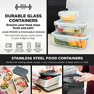 Bulk Cut Ultimate Meal Prep Containers Set, Reusable Lunch Boxes, Includes Glass and Stainless-Steel Lunch Storage Containers with Lids, Precision Food Scale and Lunch Bag, Modern Lunch Box Set