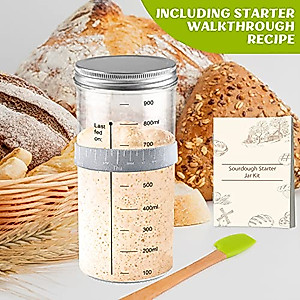 WAVEWISE 1000ML Sourdough Starter Jar Wide Mouth with Thermometer Strip, Scraper, Cloth Cover, Aluminum Lid and Date Marked Feeding Band, 35 Oz Sourdough Starter Jar Kit for Sourdough Bread Baking