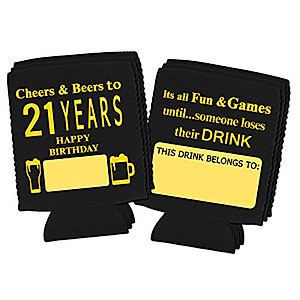 Yangmics Direct 21st Birthday Can Cooler Sleeves - 21st Birthday Party Supplies - Black and Gold Twenyt-first Birthday Cup Coolers-Pack of 12-Born in 2001