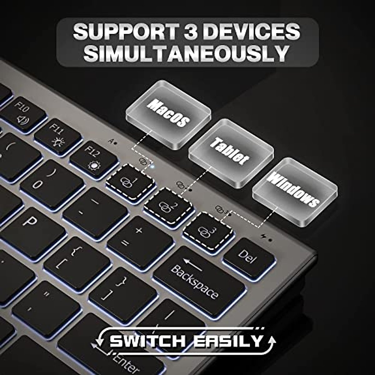 FENISIO Wireless Keyboard Mouse, Ultra Slim Bluetooth 2.4G Slient Wireless Keyboard and Mouse Combo with Backlit, Multi-Device USB Rechargeable Keyboard Mouse for Laptop PC Windows Desktop(Grey Black)