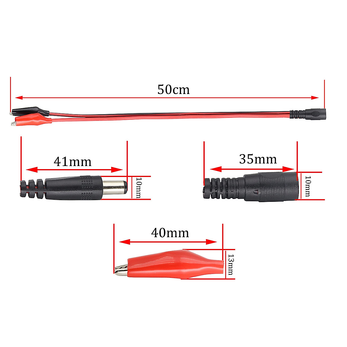 HCFeng DC Plug Power Adapter Cable, 12V DC Male/Female Jack to Alligator Clip Power Cable DC5521(5.5mmx2.1mm) Cable with Double Alligator Clips for CCTV Camera and Lighting[4pack /50cm]