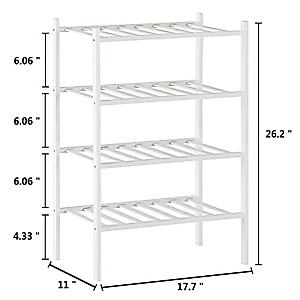 Trenect Shoe Rack for Entryway Closet 4 Tier Narrow Stackable Organizer Storage Bamboo Vertical Small Shelf Free Standing 17.7 * 11 * 26.2 Inches (White)