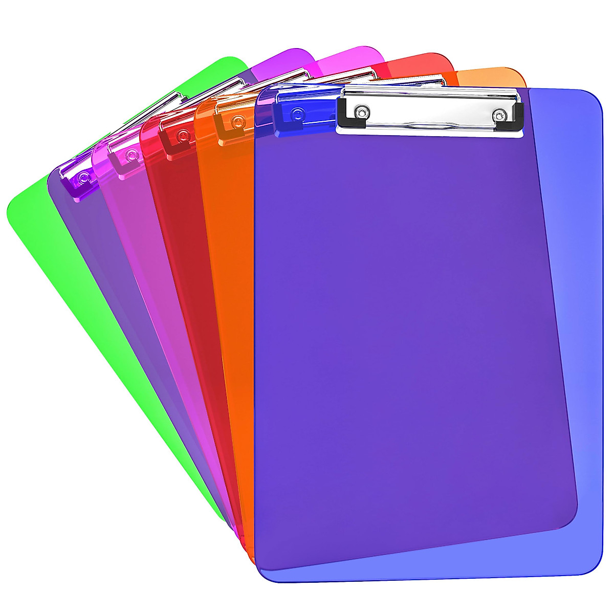 Kiggos 6 Pack Plastic Clipboards Colored Transparent Clear Clip Boards Low Profile Metal Clip Board 12.5 x 9 Inch Letter Size Bulk Class Set Acrylic Clip Boards with Hanging Hook - Holds 100 Sheets