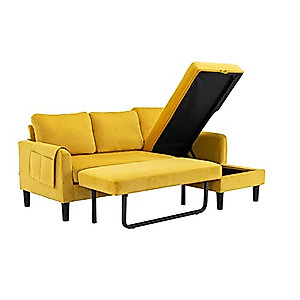 Olela Pull Out Sleeper Sofa Couch,Velvet Convertible Sofa Bed L Shape Sectional Sofa with Storage Chaise and Pocket for Living Room (Mustard)