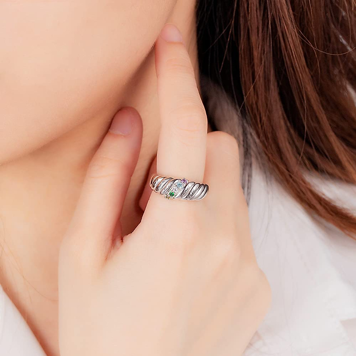 AILIN Custom Dome Chunky Birthstone Rings 925 Sterling Silver Personalized Inside Engraving Birthstone Name Rings Wedding Engagement Mothers Day Birthday Jewelry Gifts For Women Grandma Daughter