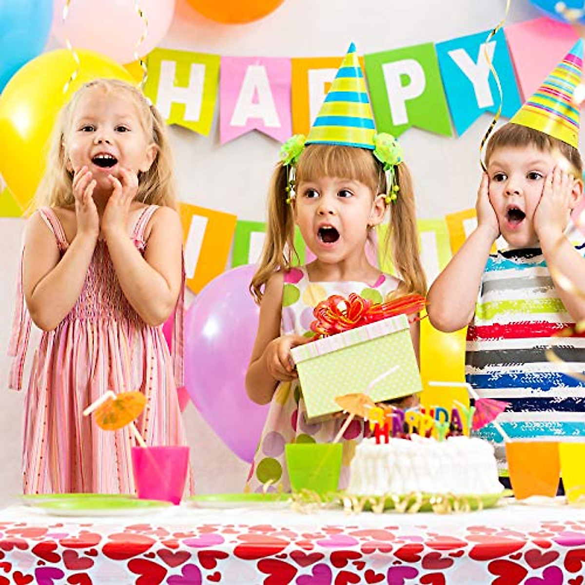 Valentine Tablecloth Disposable Plastic Valentines Table Cover Multi-Color Hearts Tablecloth for Valentine's Day Party Supplies, 42 x 70 inch (2)