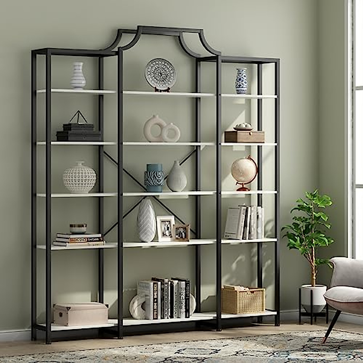 Auromie Triple Wide 5-Tier Bookshelf, 70.87" L x 79.13" H Extra Large Bookcase, Tall Open Etagere Display Shelf with Metal Frame, Freestanding Modern Storage Shelves for Home Office, Black&White
