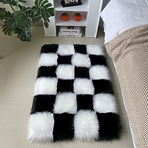 CKLZSAY Faux Fur Rug Three Layer Thick Washable Fluffy Soft Sheepskin Rug Rectangular 2x4 Feet Plush Rug for Living Room Bedroom Sofa Bedside Floor Cushion Rug (Black and White)